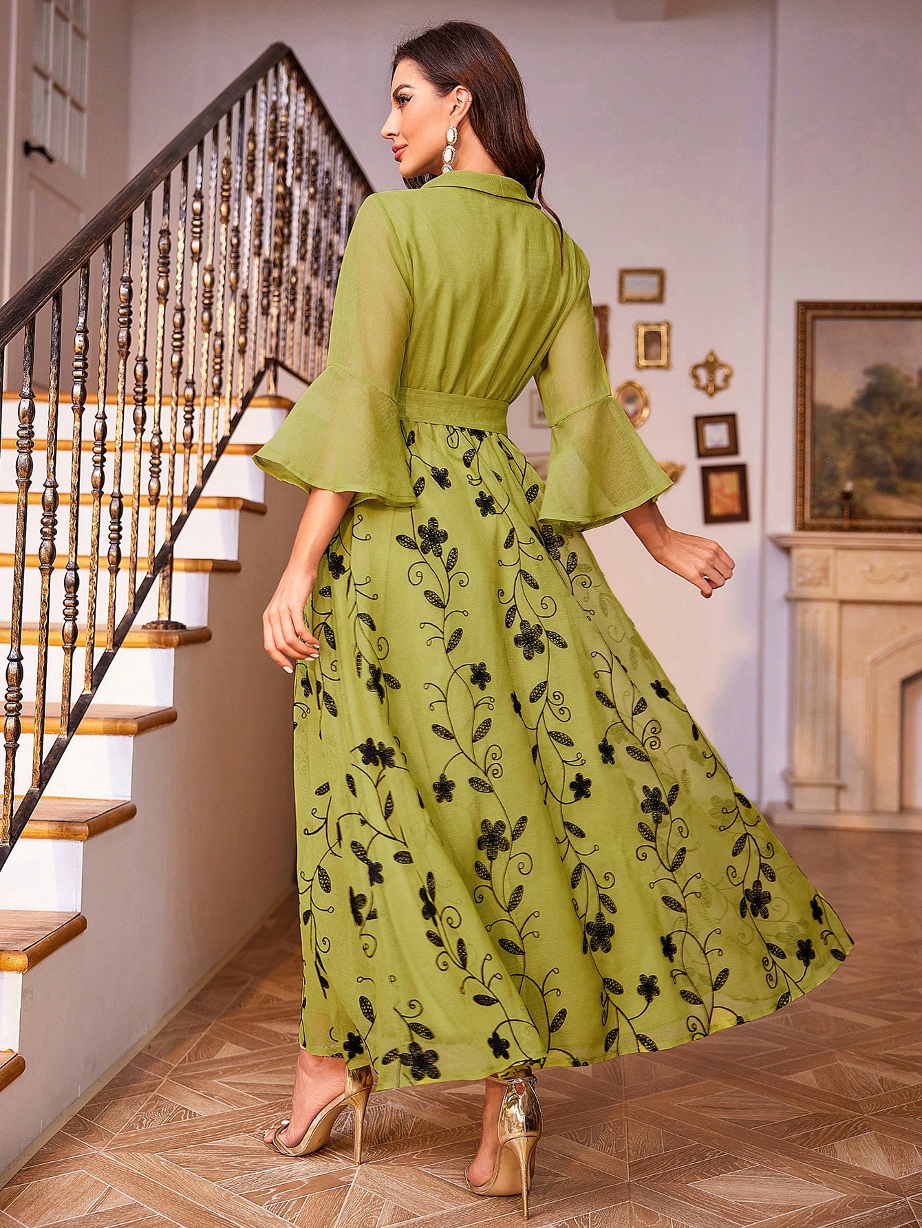 Shein Najma Floral Embroidery Flounce Sleeve Belted Dress Shein Uk