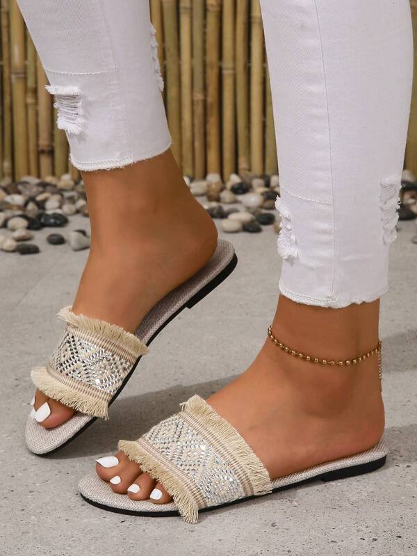 Women Fringe & Braided Detail Single Band Slide Sandals, Vacation ...