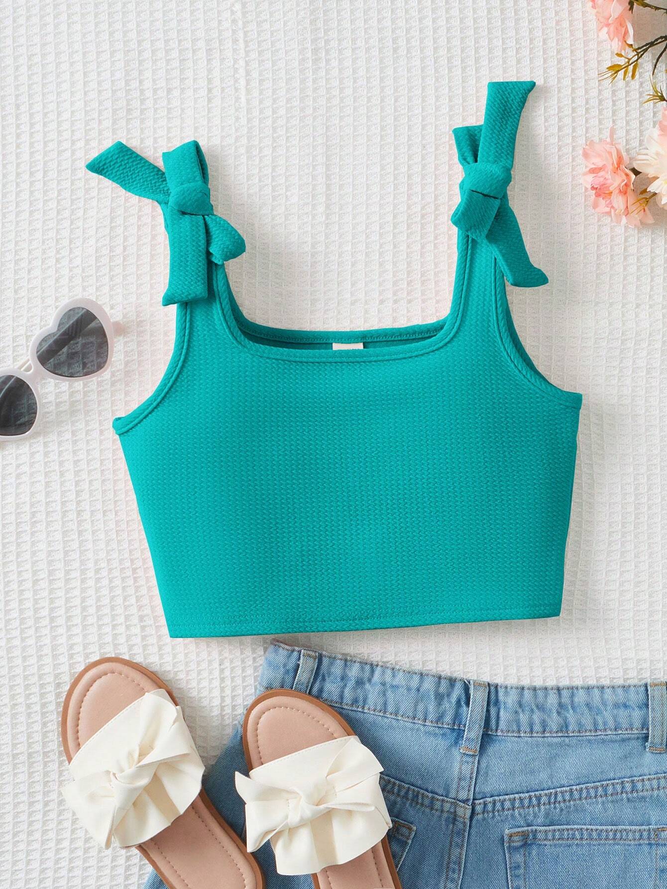 SHEIN Solid Color Casual Knotted Short Tank Top With Shoulder Ties For ...