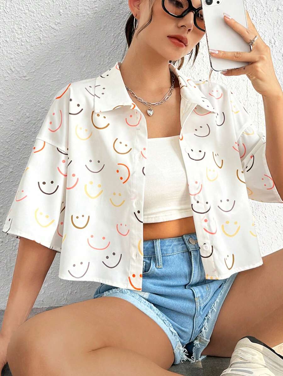 SHEIN EZwear Summer Outfit Allover Print Drop Shoulder Shirt | SHEIN