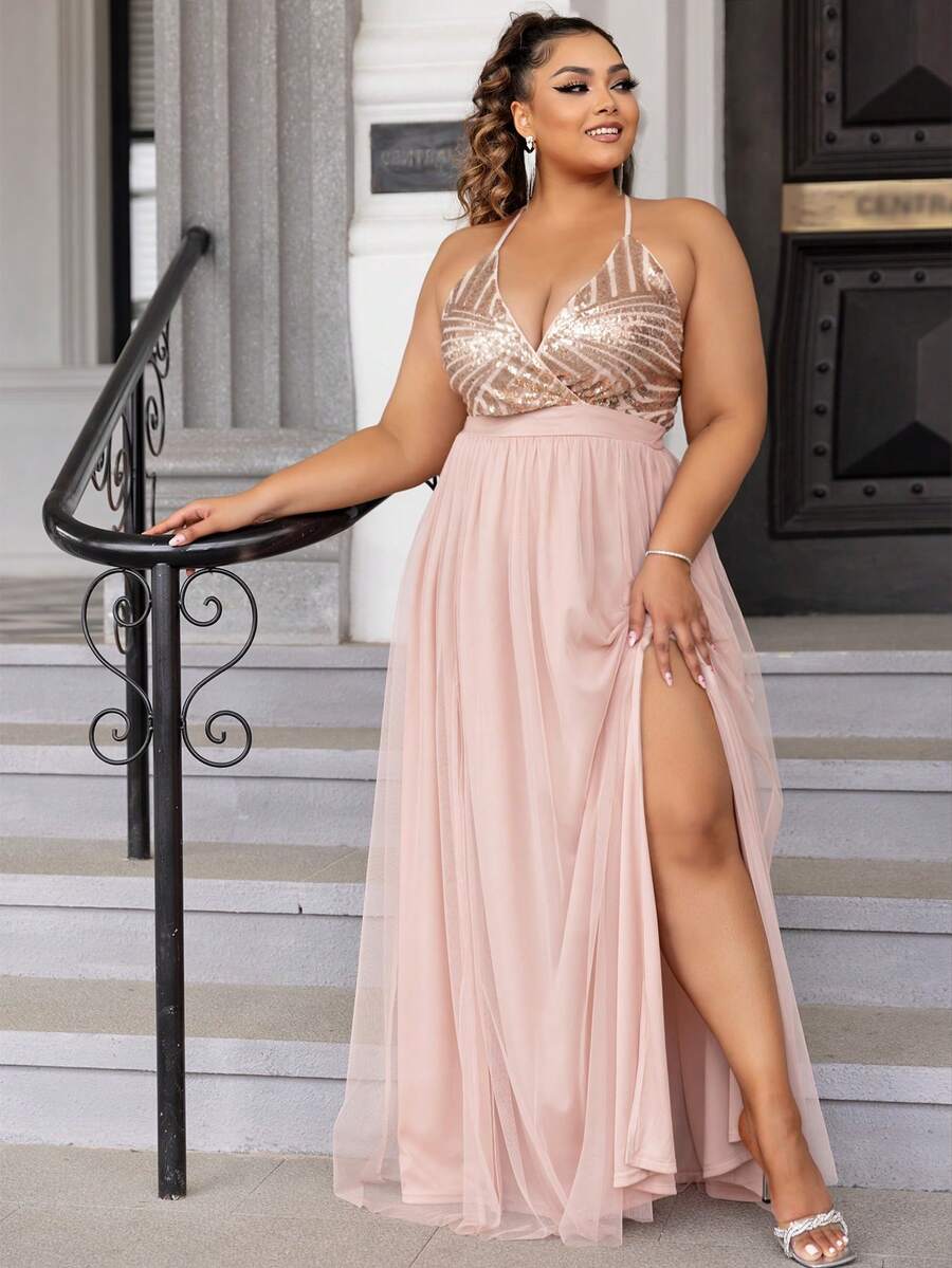 Joyfunear Plus Contrast Sequin Split Thigh Mesh Halter Dress Formal ...