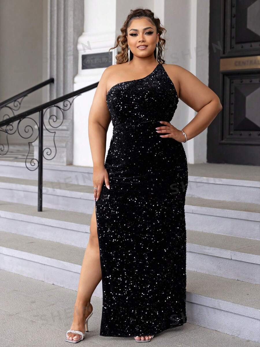 Joyfunear Plus One Shoulder Split Thigh Sequin Formal Dress | SHEIN USA