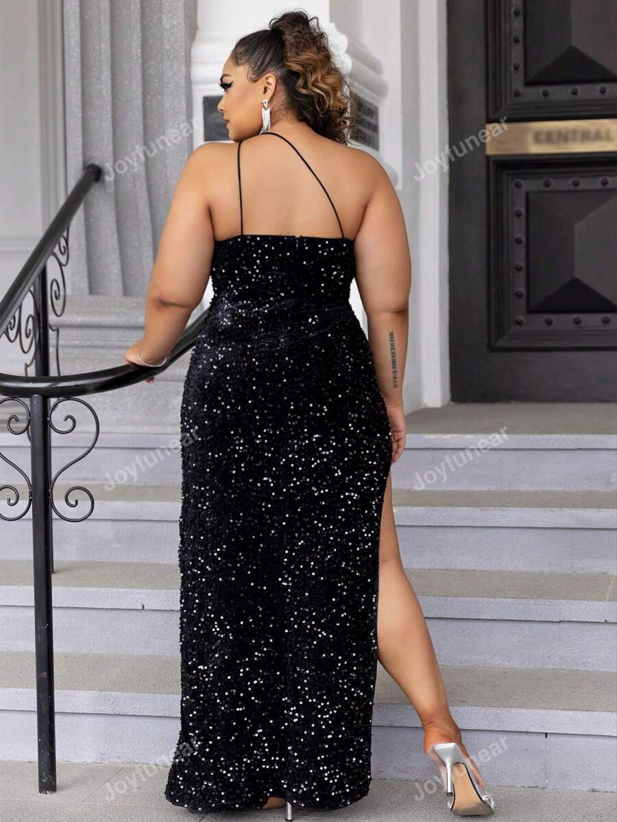 Joyfunear Plus One Shoulder Split Thigh Sequin Formal Dress | SHEIN USA