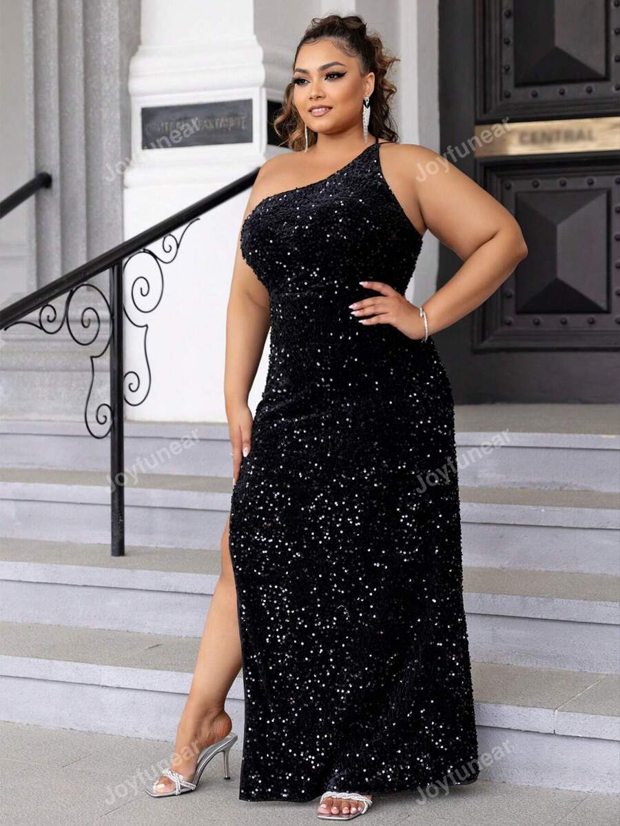 Joyfunear Plus One Shoulder Split Thigh Sequin Formal Dress | SHEIN USA