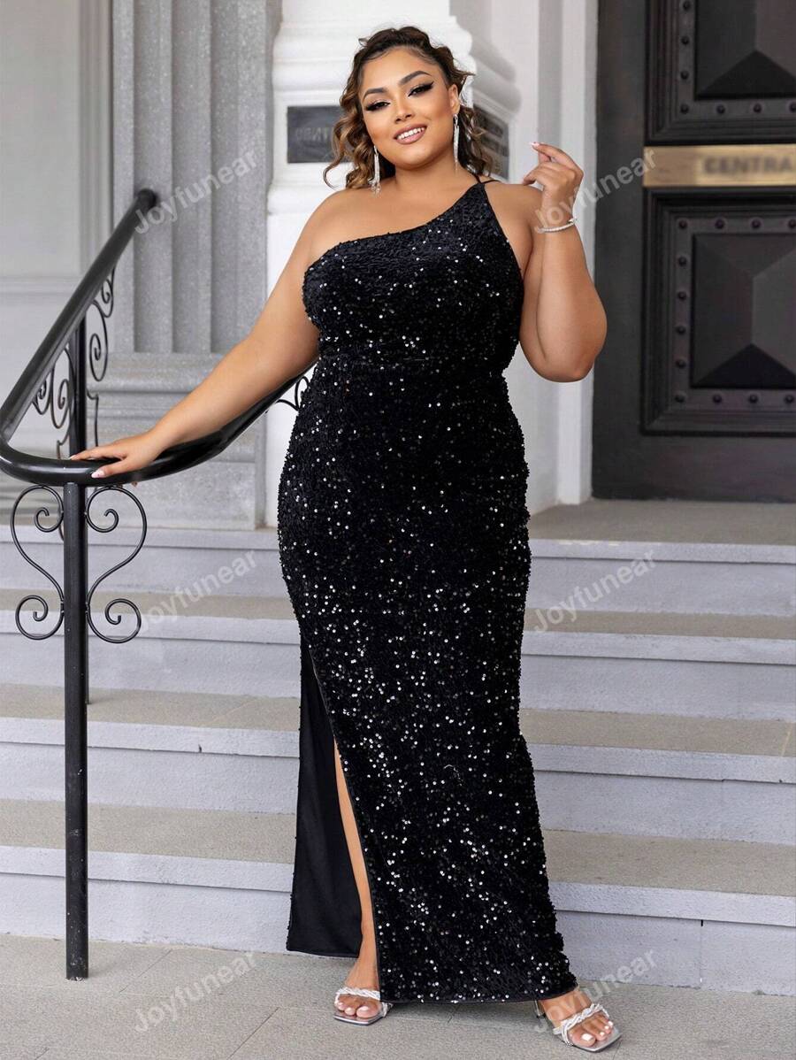 Joyfunear Plus One Shoulder Split Thigh Sequin Formal Dress | SHEIN USA