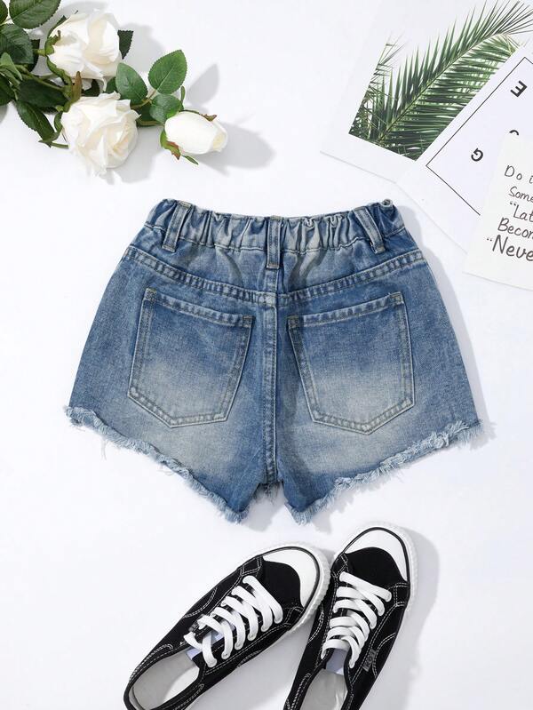 Tween Girl Ripped Raw Hem Denim Shorts | SHEIN UK