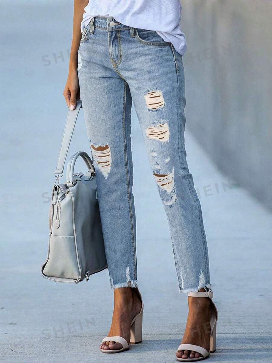 Ripped Raw Hem Jeans | SHEIN USA