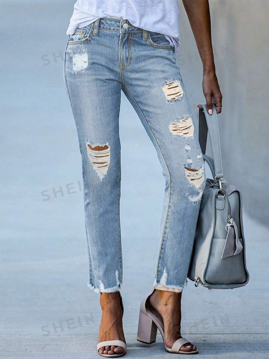 Ripped Raw Hem Jeans | SHEIN USA