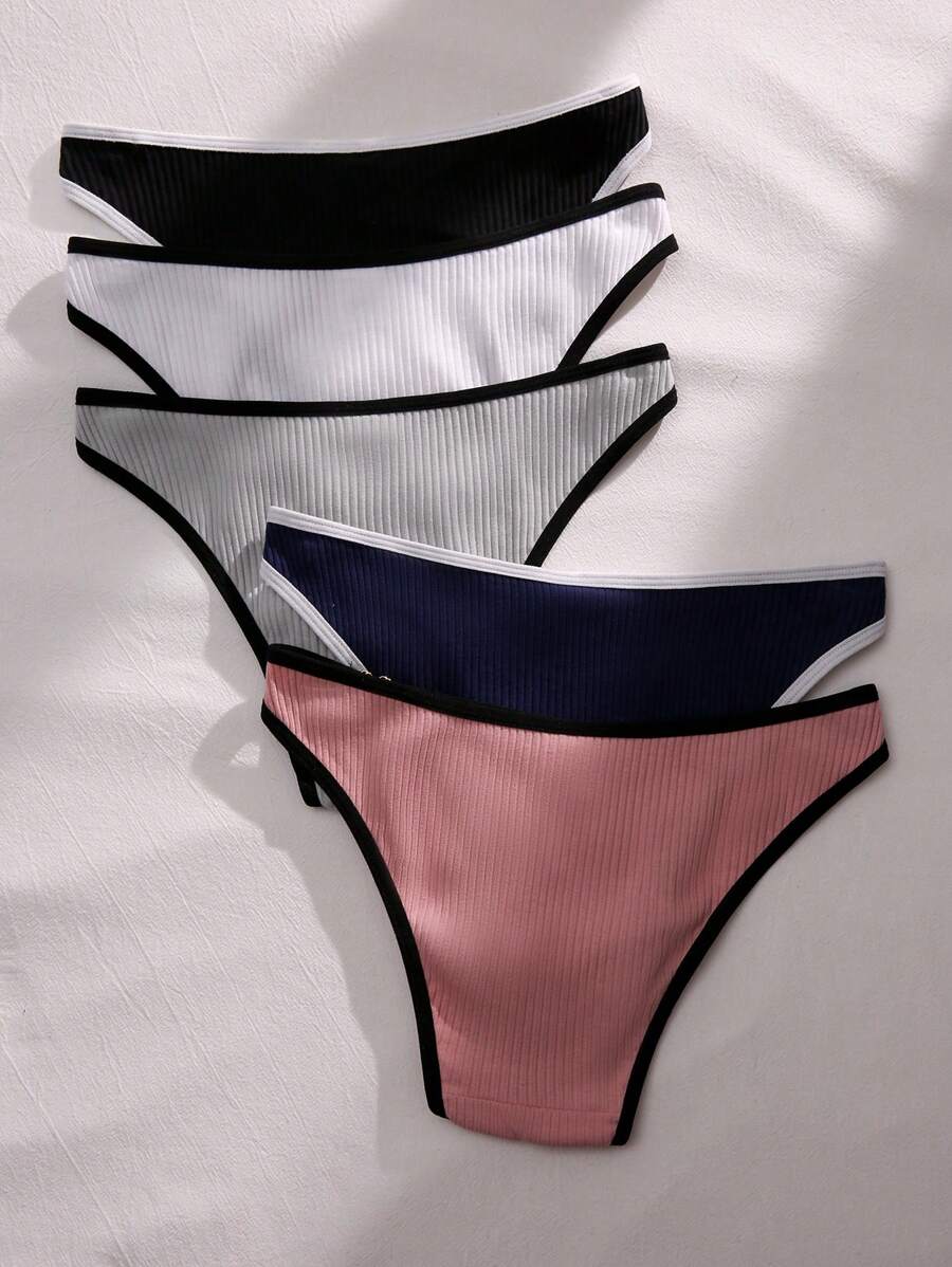 Shein Underwear&Sleepwear Basics 5pack Contrast Binding Ribbed Knit Panty | SHEIN USA