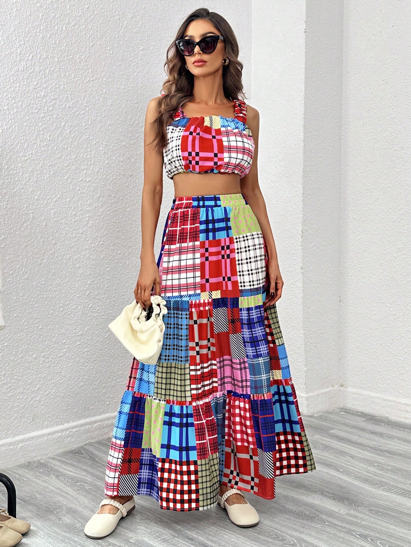 SHEIN VCAY Patchwork Print Top & Ruffle Hem Skirt | SHEIN USA