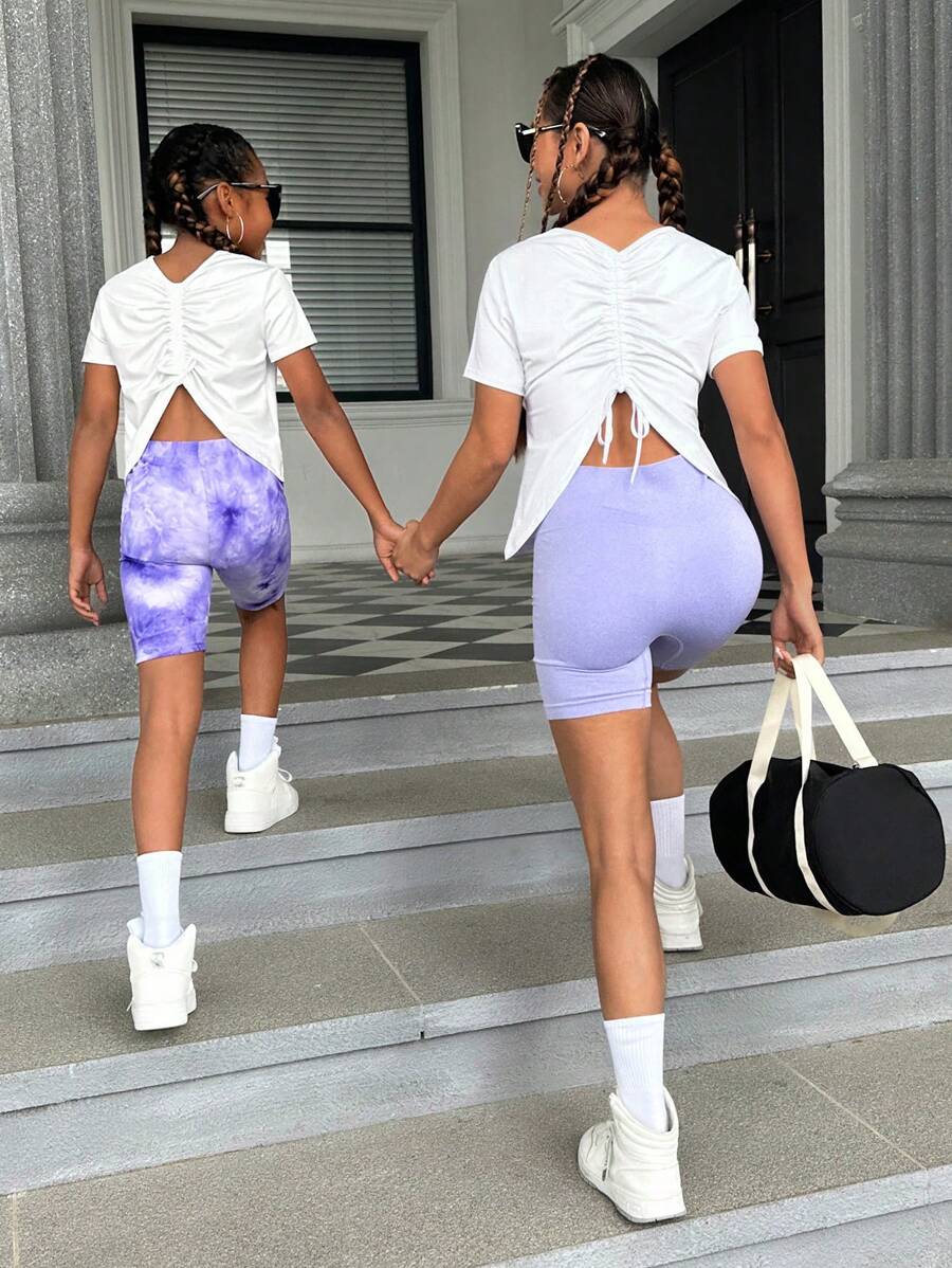 SHEIN Tween Girls' Professional Sports Back-Ruched Knitted Short-sleeve ...