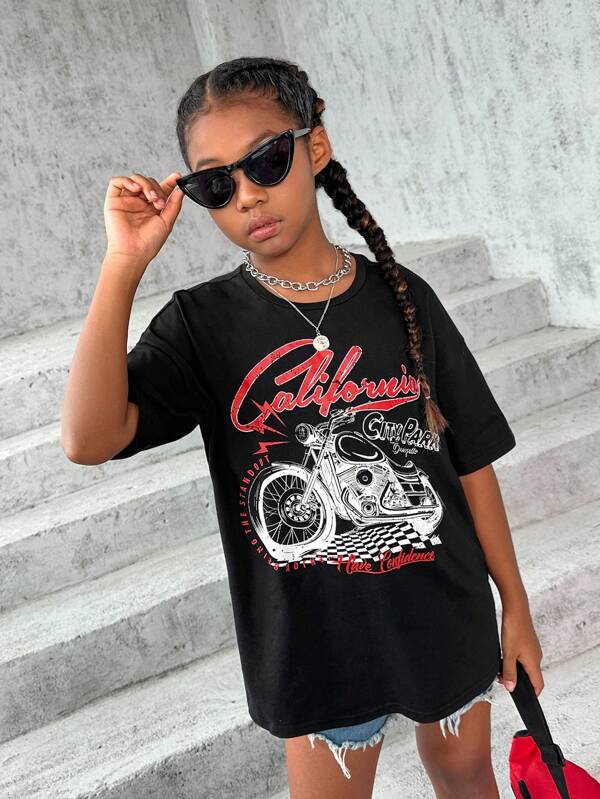 SHEIN Kids Cooltwn Tween Girl Motorcycle & Letter Graphic Drop Shoulder ...