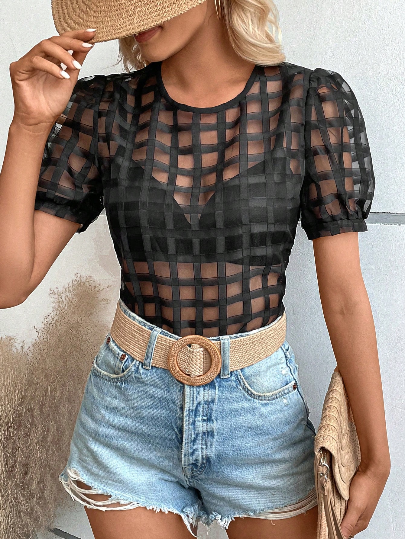 SHEIN VCAY Puff Sleeve Sheer Blouse Without Bra | SHEIN UK