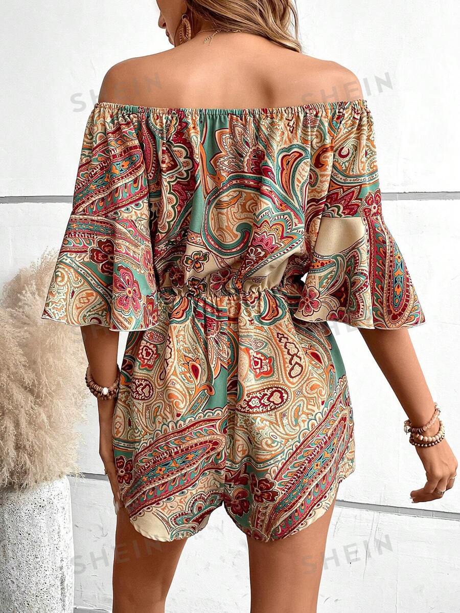 SHEIN LUNE Paisley Print Off Shoulder Knot Front Romper | SHEIN USA