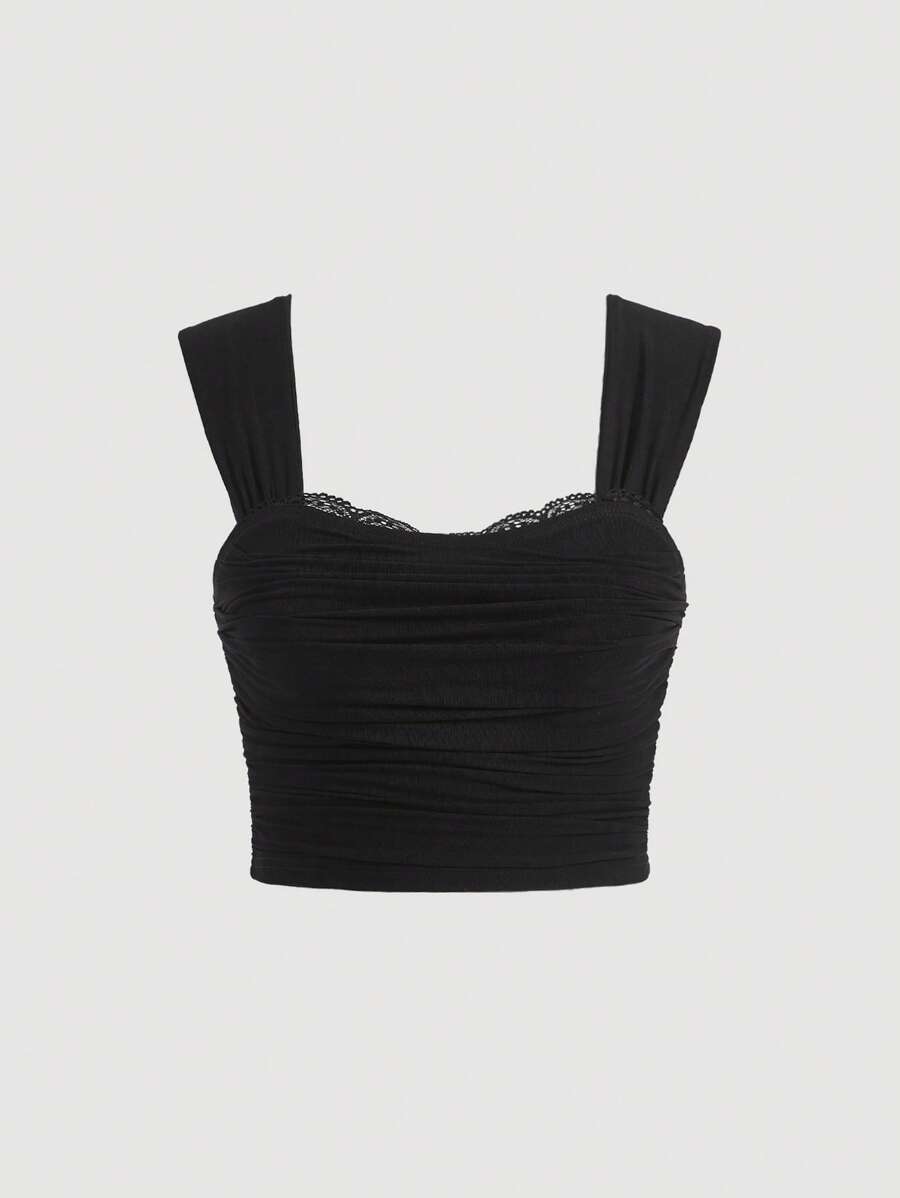 SHEIN MOD Lace Trim Ruched Wide Straps Top | SHEIN USA