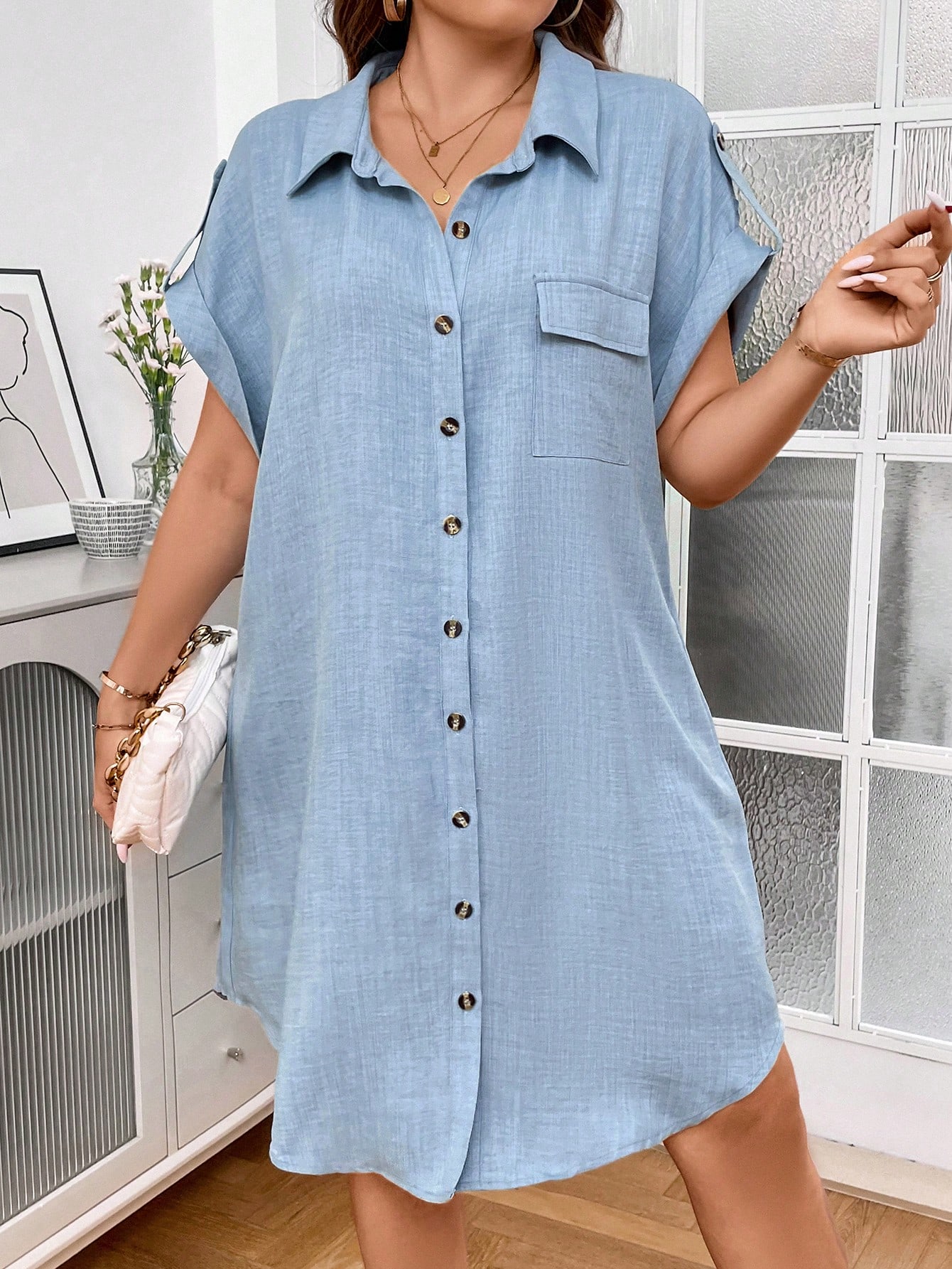 Shein Essnce Plus Flap Pocket Roll Tab Sleeve Shirt Dress Shein Usa