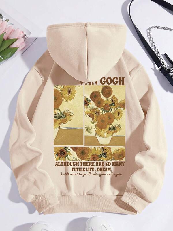 Floral And Slogan Graphic Drawstring Thermal Lined Hoodie Shein Usa