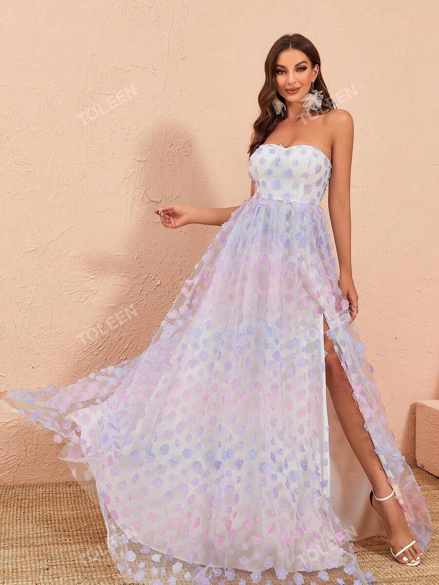 Appliques Split Thigh Mesh Tube Dress | SHEIN USA
