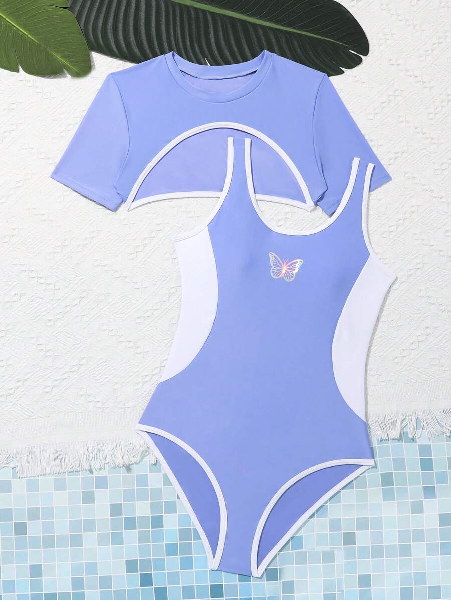Shein Teen Girl Butterfly Print Colorblock One Piece Swimsuit With