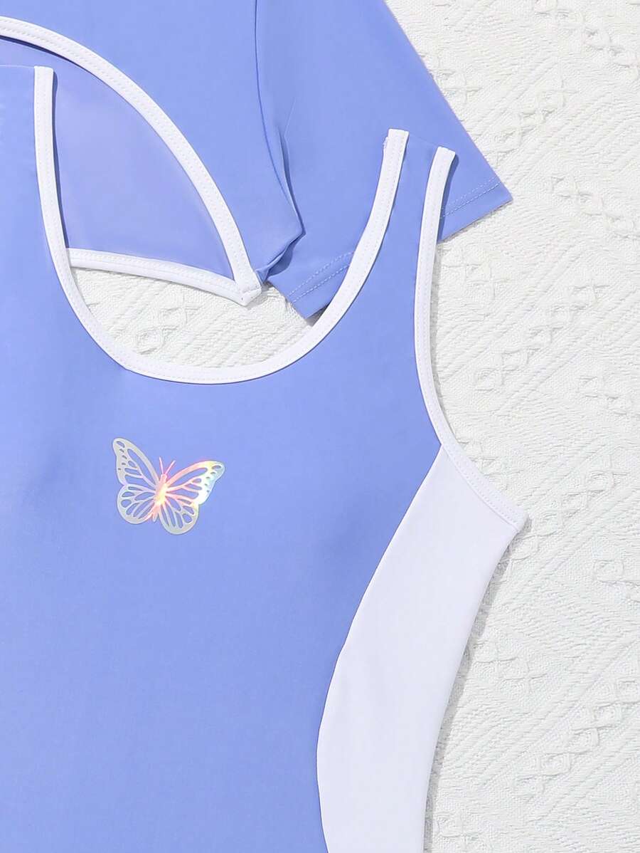 Shein Teen Girl Butterfly Print Colorblock One Piece Swimsuit With