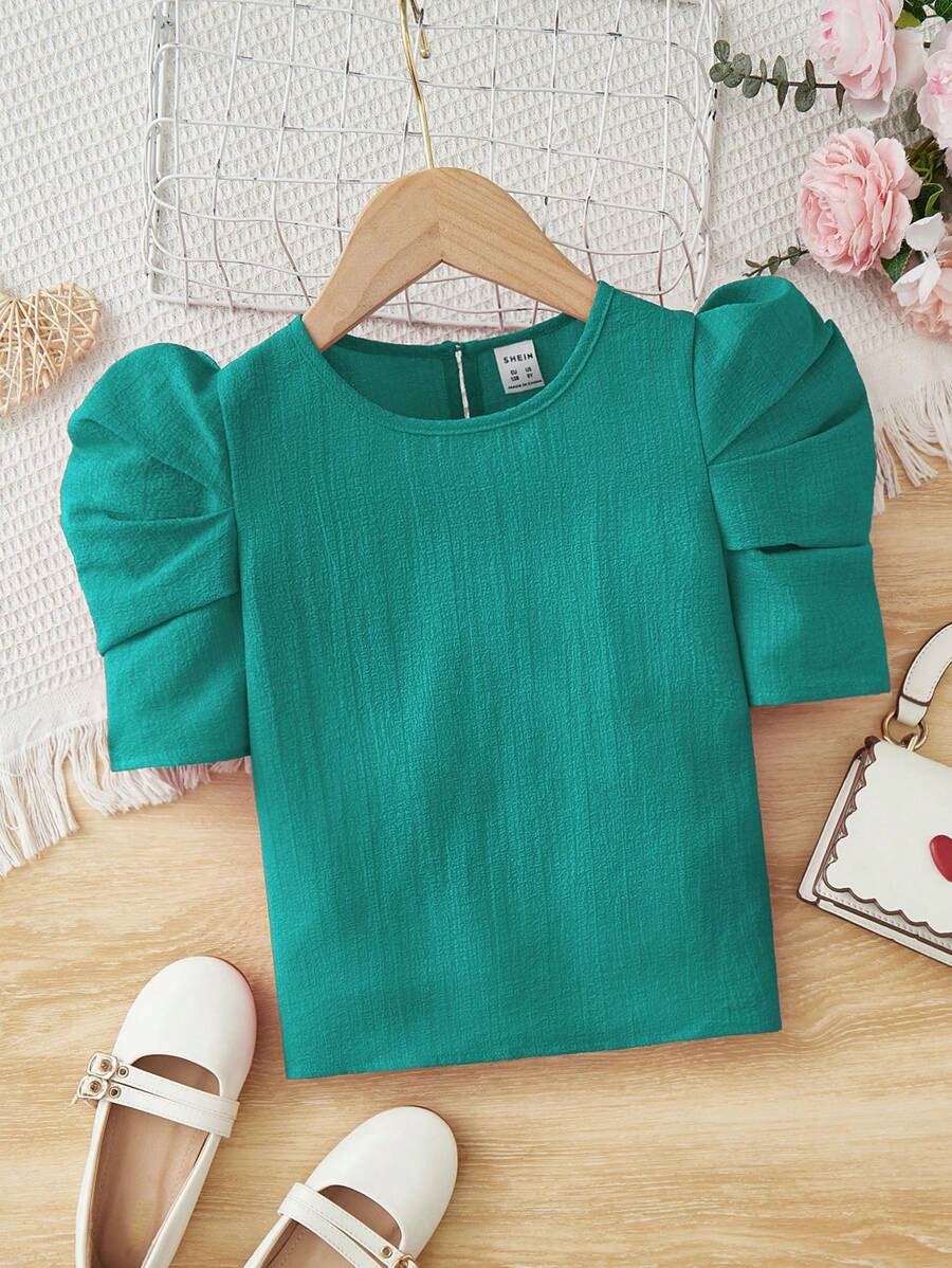 SHEIN Solid Color Round Neck Blouse For Tween Girls, Puff Sleeves With ...