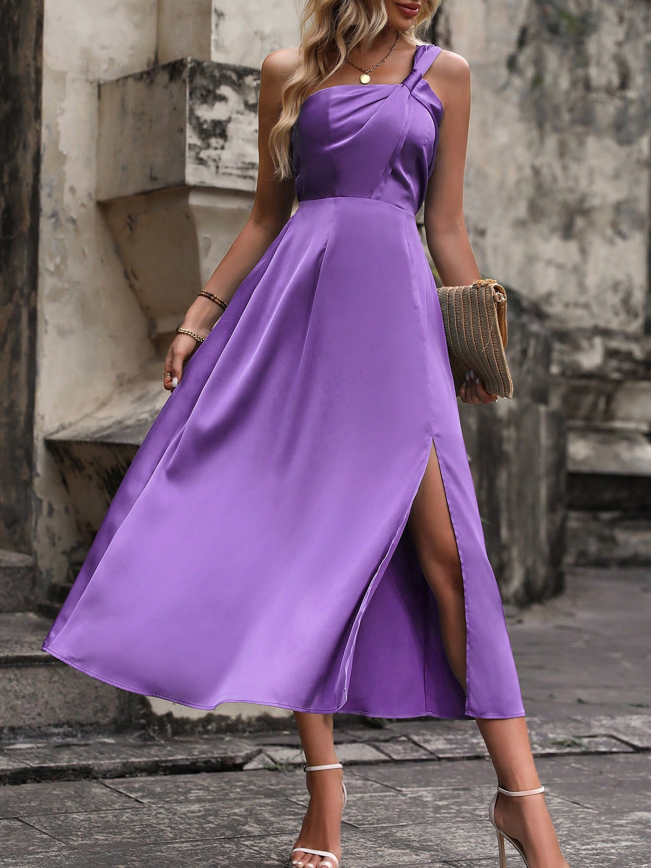 One Shoulder Split Thigh Satin Dress | SHEIN UK