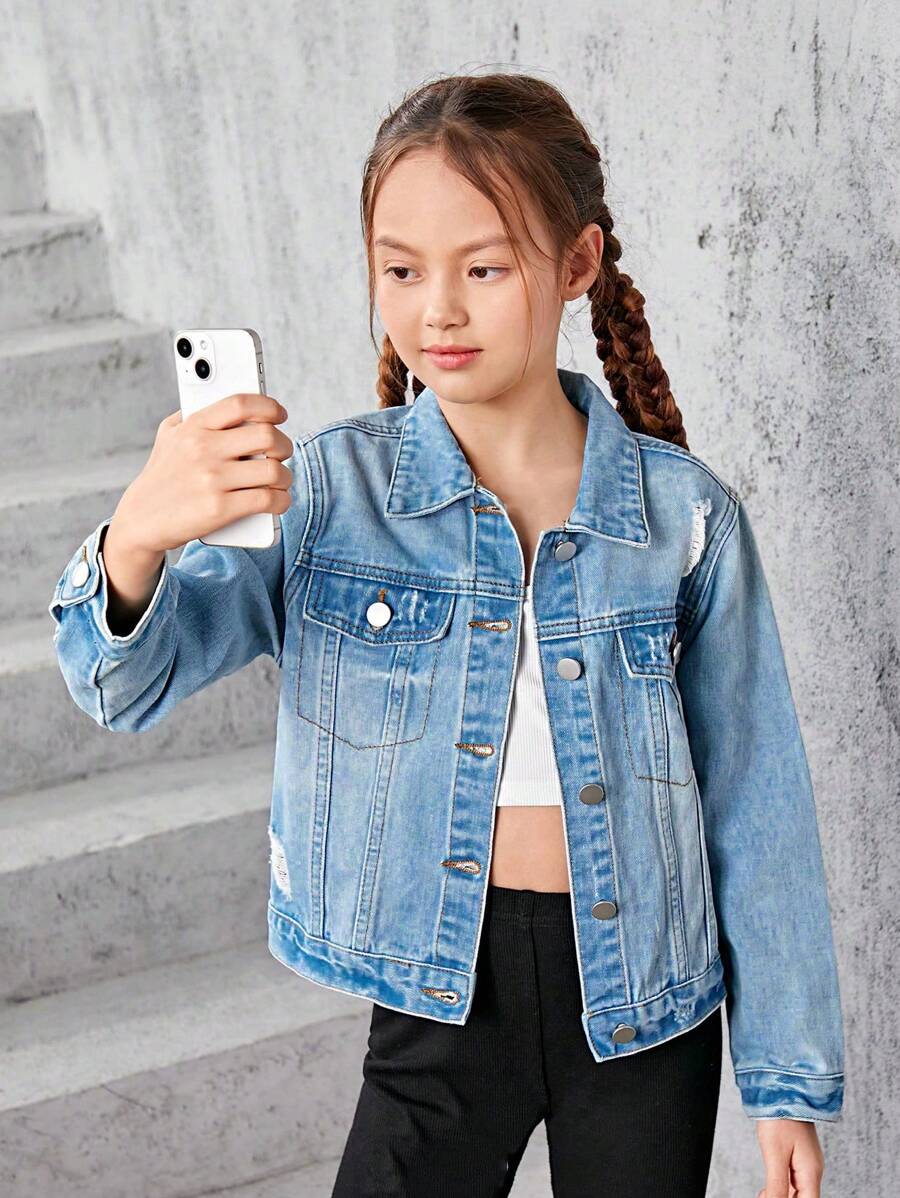Chica preadolescente Cazadora mezclilla con bolsillo con solapa | Moda ...