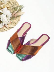 Funky Mule Flats For Women, Colorblock Snakeskin Embossed Square Toe ...
