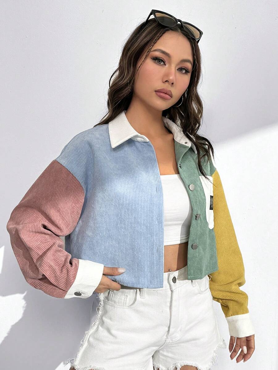 Shein Ezwear Colorblock Letter Patched Detail Drop Shoulder Jacket