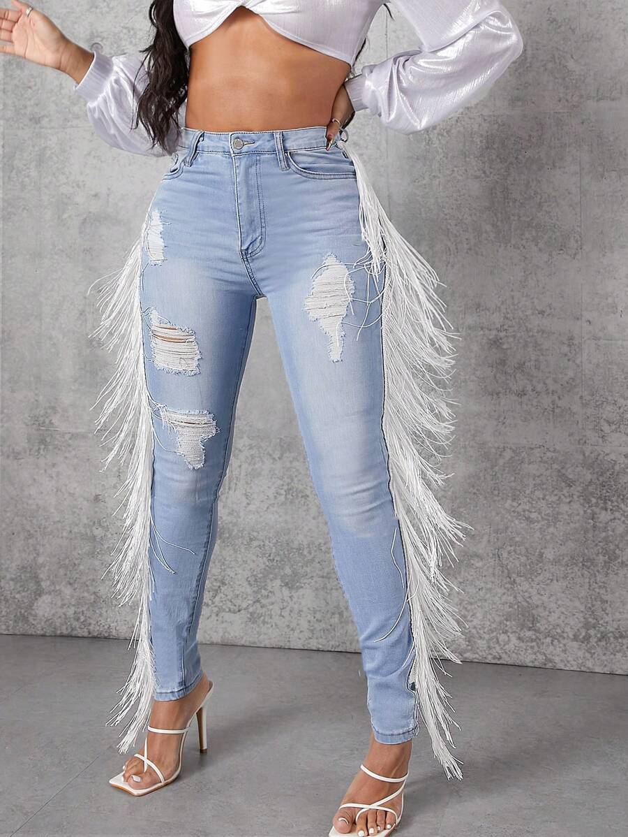 High Waist Ripped Fringe Trim Skinny Jeans | SHEIN USA