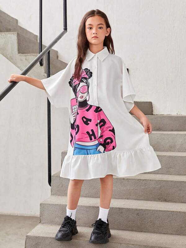 SHEIN Tween Girl Figure Graphic Ruffle Hem Smock Dress | SHEIN USA