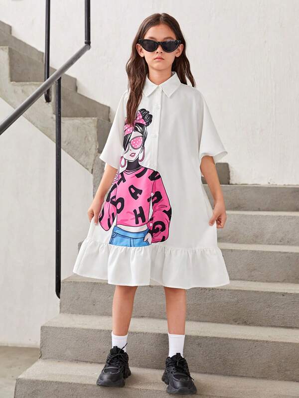 SHEIN Tween Girl Figure Graphic Ruffle Hem Smock Dress | SHEIN USA