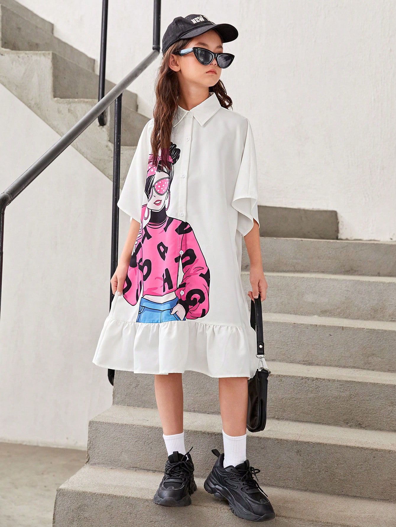 SHEIN Tween Girl Figure Graphic Ruffle Hem Smock Dress | SHEIN USA