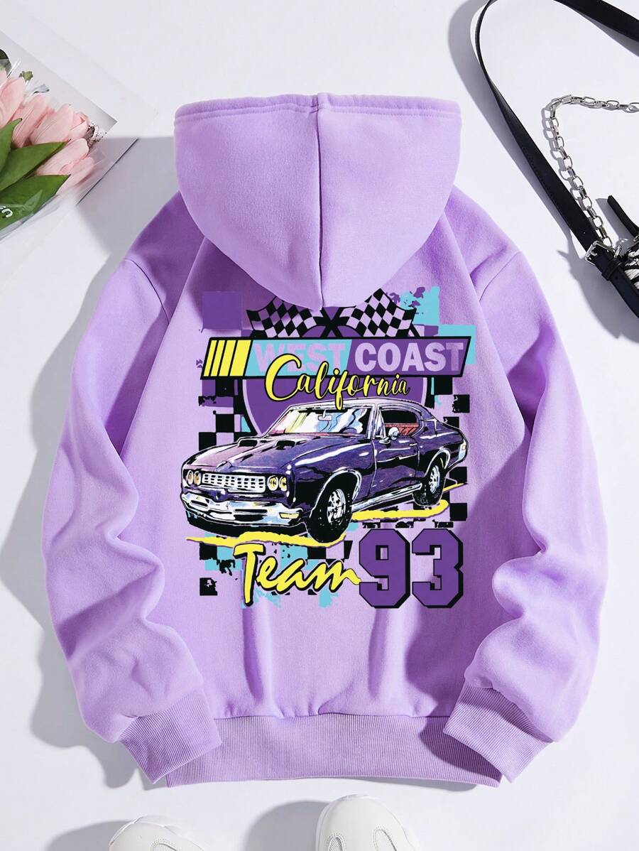 SHEIN EZwear Car & Letter Graphic Drawstring Thermal Lined Hoodie ...