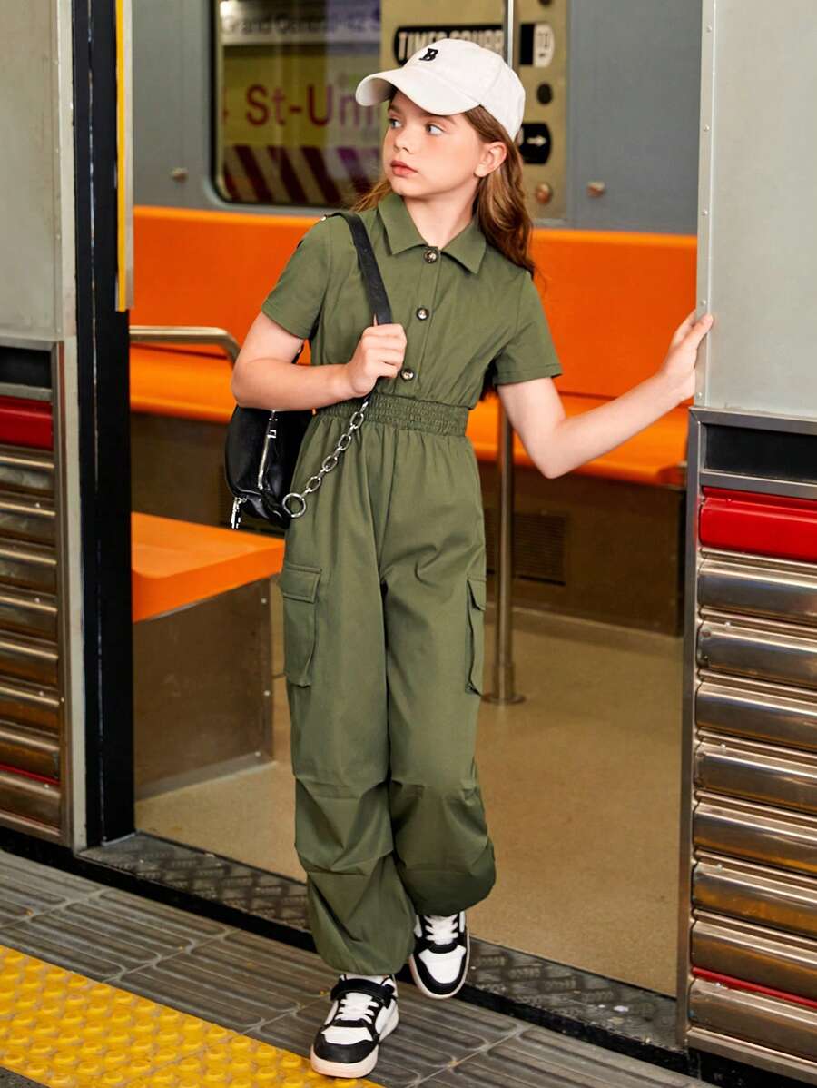 SHEIN Tween Girls' Preppy Style Casual Solid Green Utility Jumpsuit ...