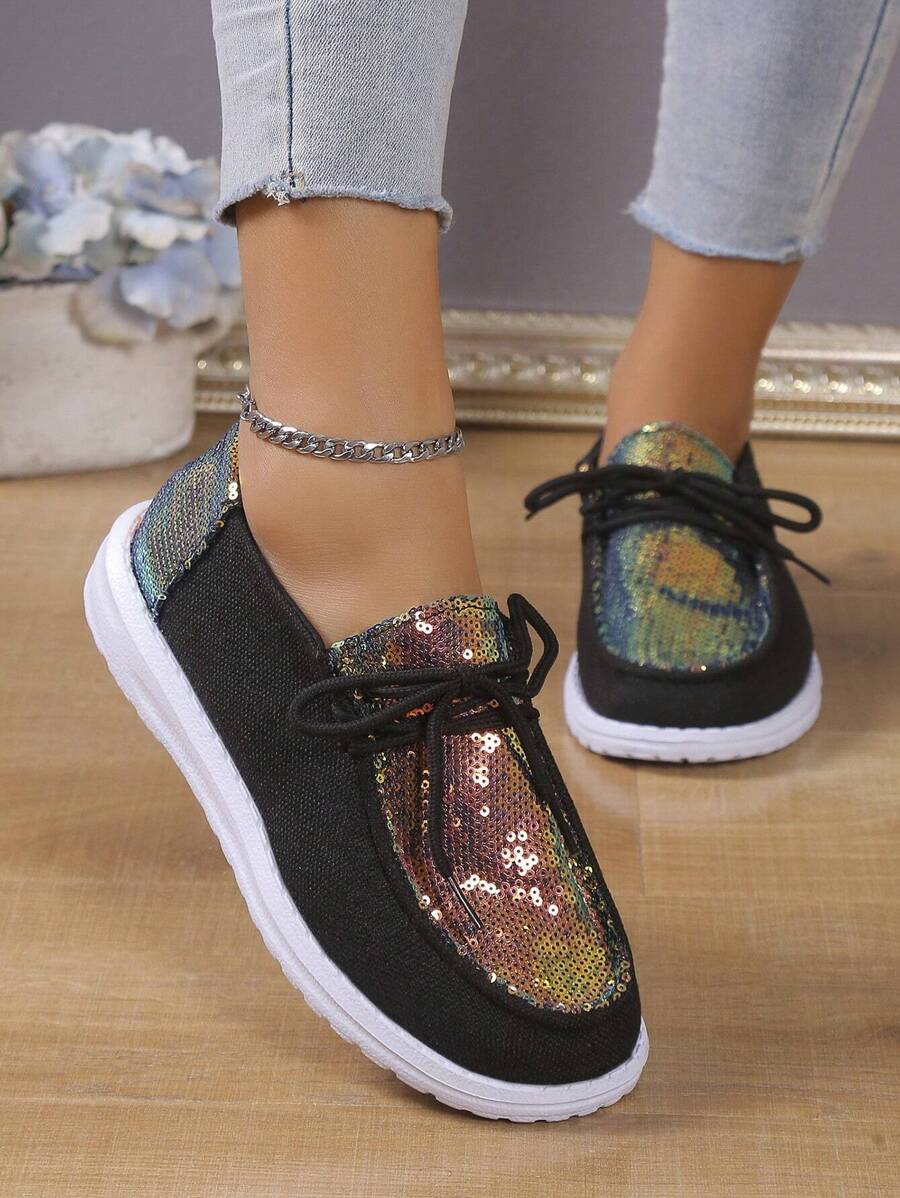 Sporty Slip On Shoes For Women, Sequins Holographic Lace-up Front ...