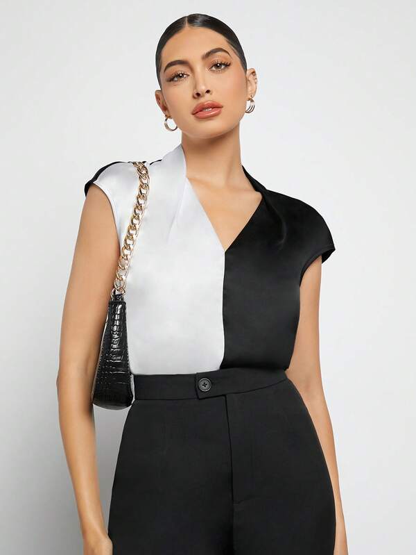 SHEIN BIZwear Two Tone Batwing Sleeve Satin Blouse Workwear | SHEIN USA