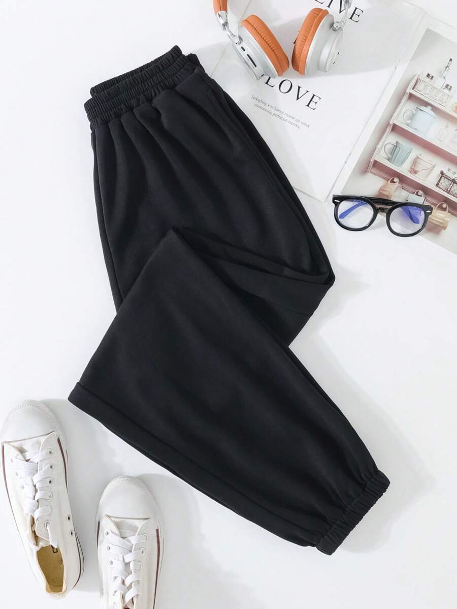 INAWLY Solid Elastic Waist Pants | SHEIN EUQS