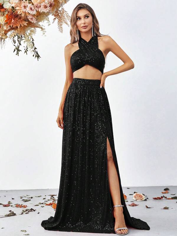 Crisscross Backless Sequin Halter Top & Split Thigh Skirt | SHEIN