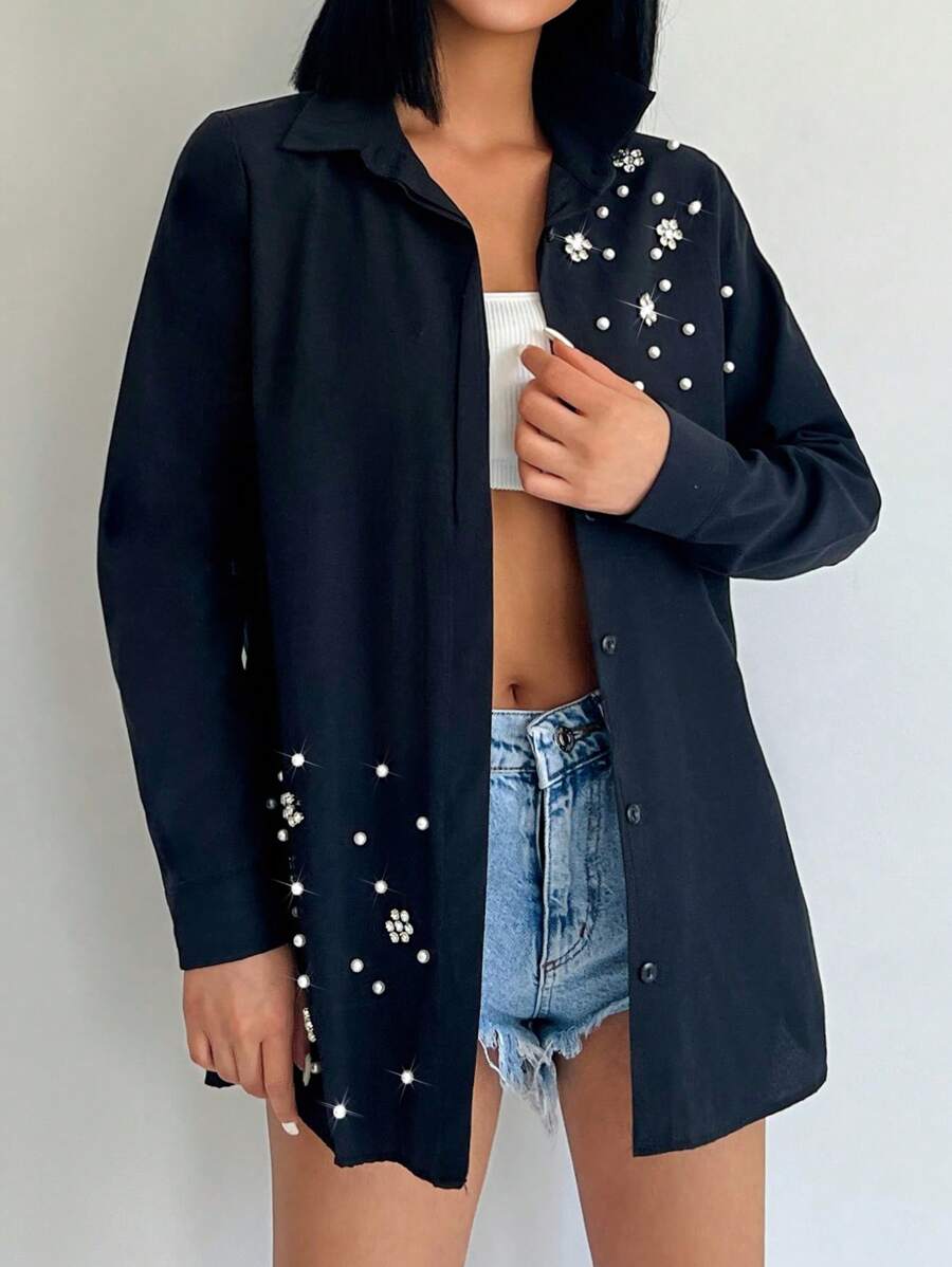 RueChic 100%Cotton Pearls Beaded Button Front Shirt | SHEIN USA