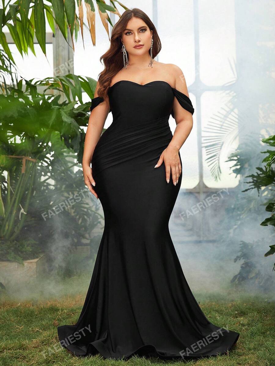 Faeriesty Plus Off Shoulder Mermaid Hem Formal Dress Black Elegant Prom Evening Wedding Guest ...