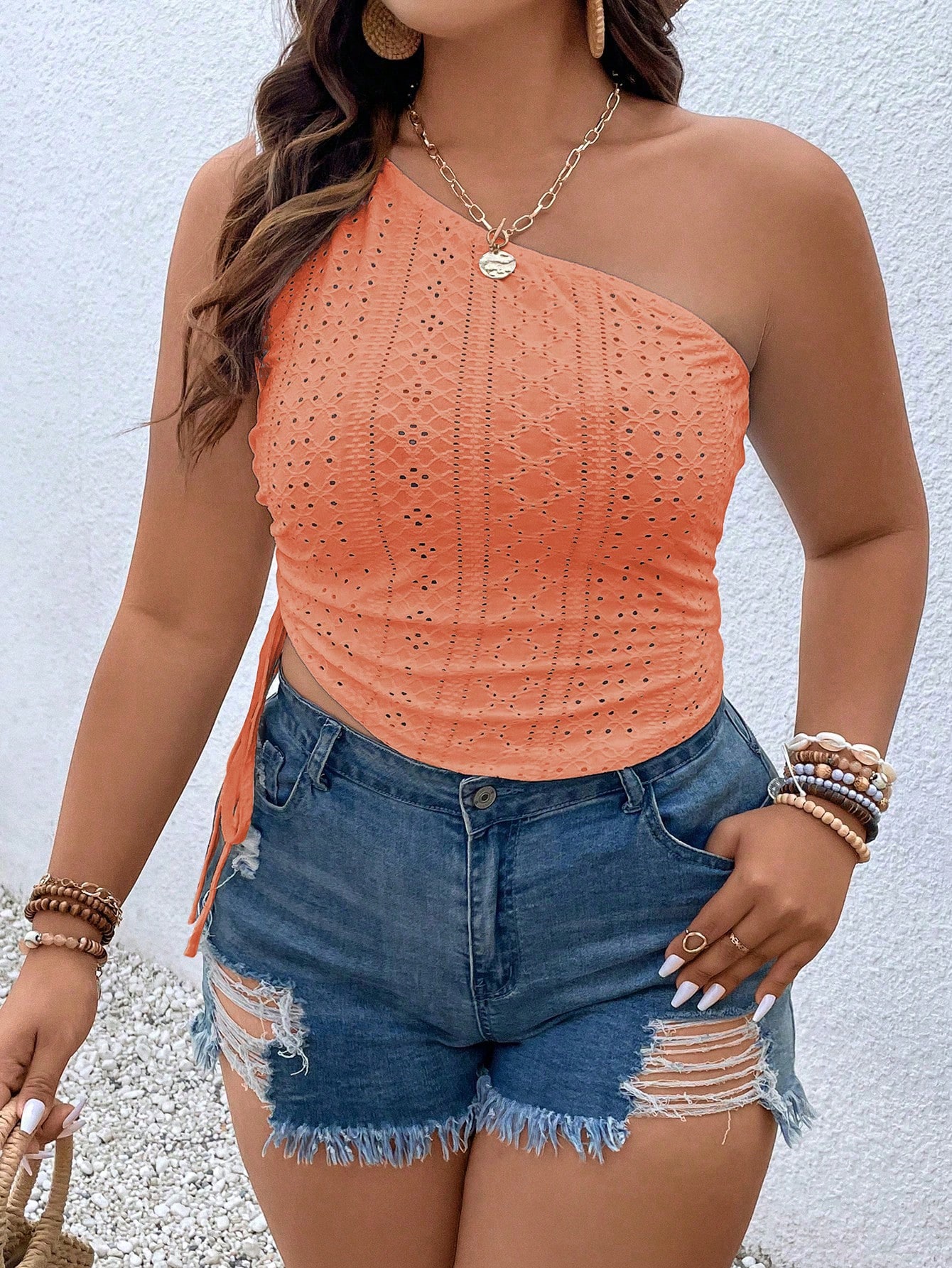 SHEIN VCAY Plus Eyelet Embroidery One Shoulder Drawstring Side Top ...