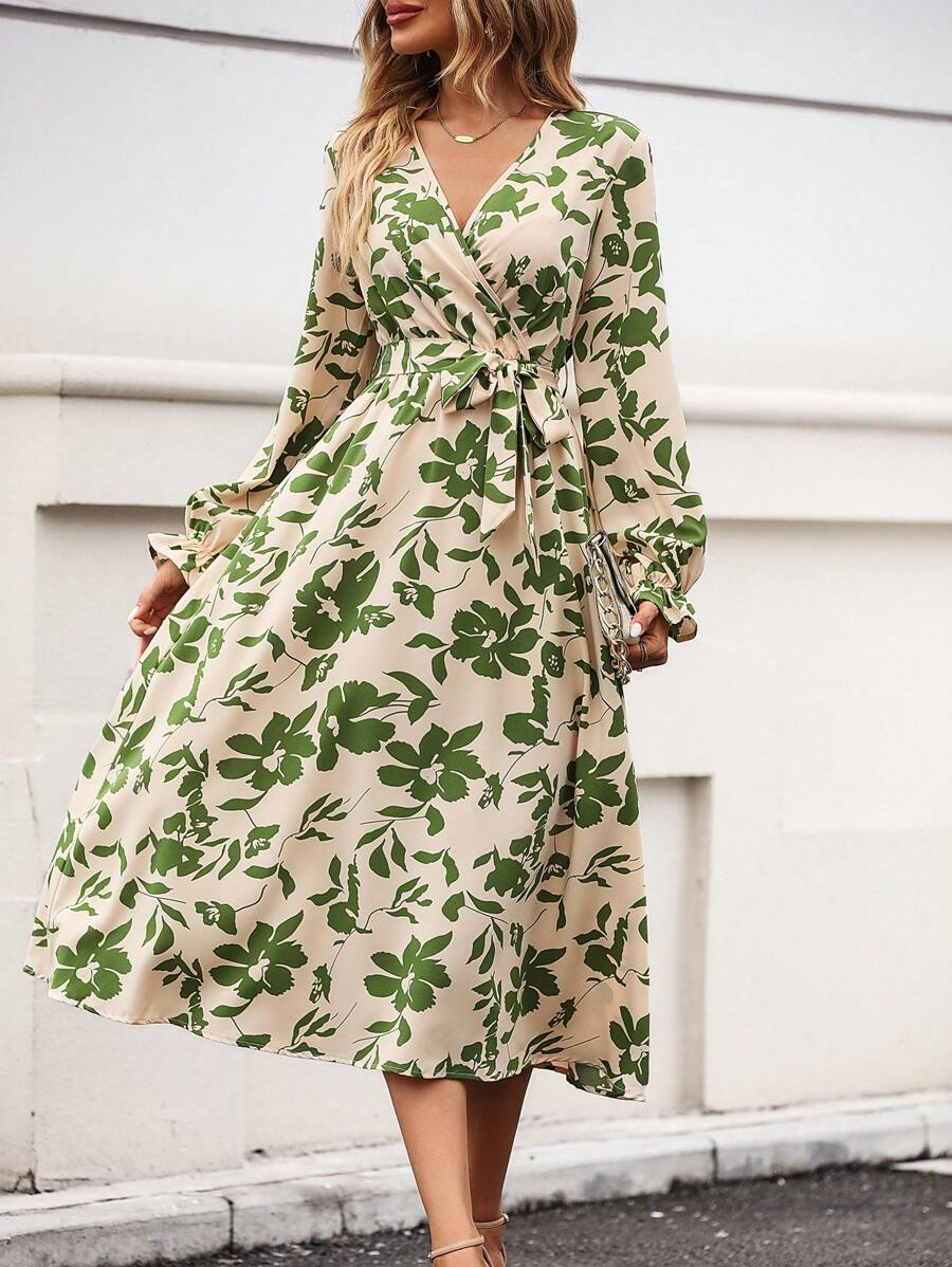 SHEIN Clasi Floral Print Flare Sleeve Belted Dress | SHEIN UK