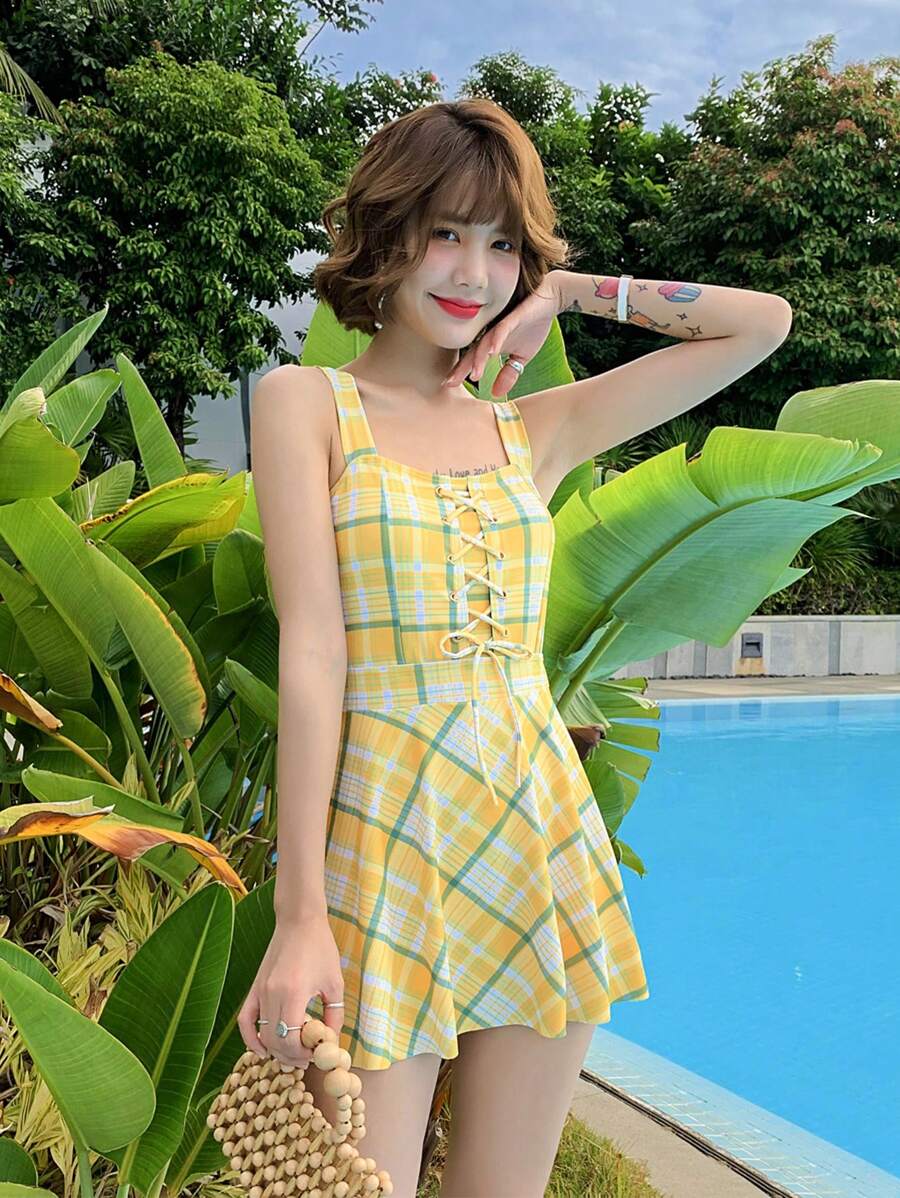 Plaid Lace Up Front One Piece Swimsuit | SHEIN USA