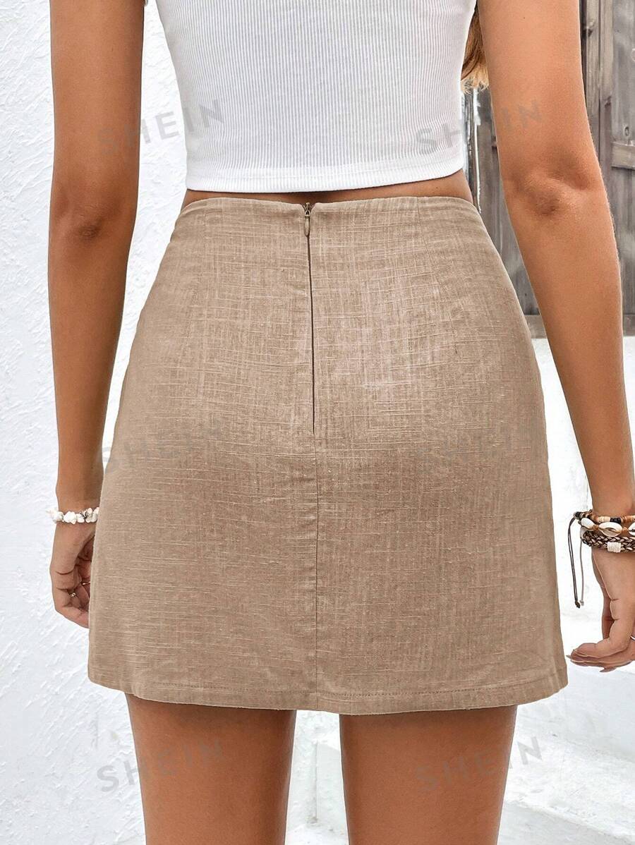 SHEIN Frenchy Side-Laced Back Zipper Summer Linen Straight Skirt | SHEIN UK