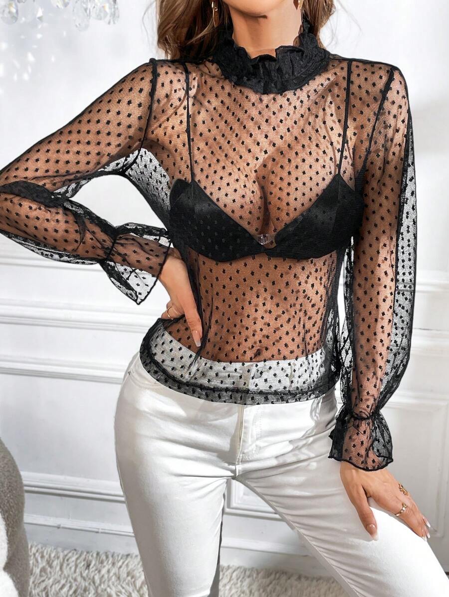 Shein Privé Shirred Neck Swiss Dot Mesh Top Without Bra Shein Usa