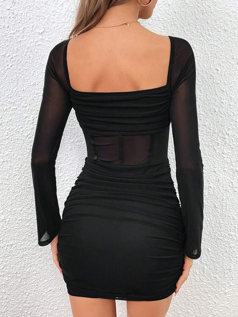 Firerie Square Neck Ruched Mesh Insert Bodycon Dress | SHEIN USA