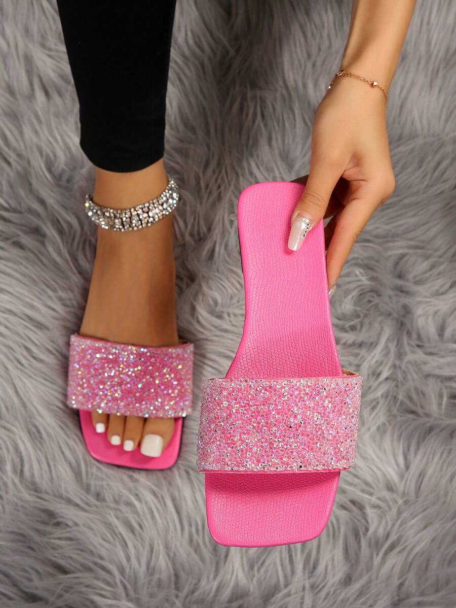 Women Rhinestone Decor Flat Sandals, Glamorous Summer Pink Slide ...