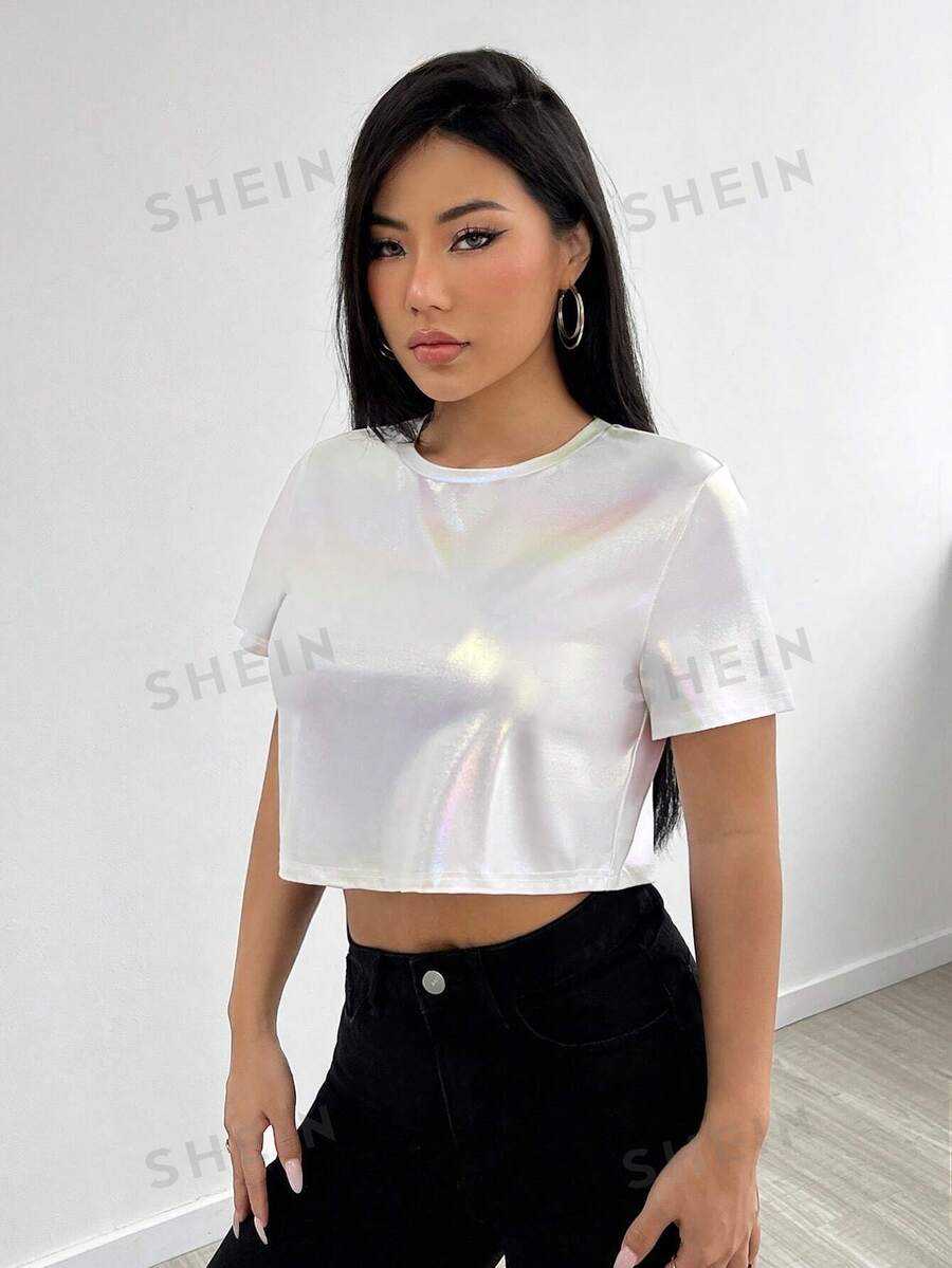 SHEIN EZwear Summer White Y2k Solid Round Neck Tee | SHEIN USA