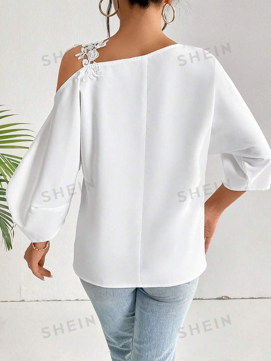 Shein Privé Guipure Lace Appliques Asymmetrical Neck Batwing Sleeve